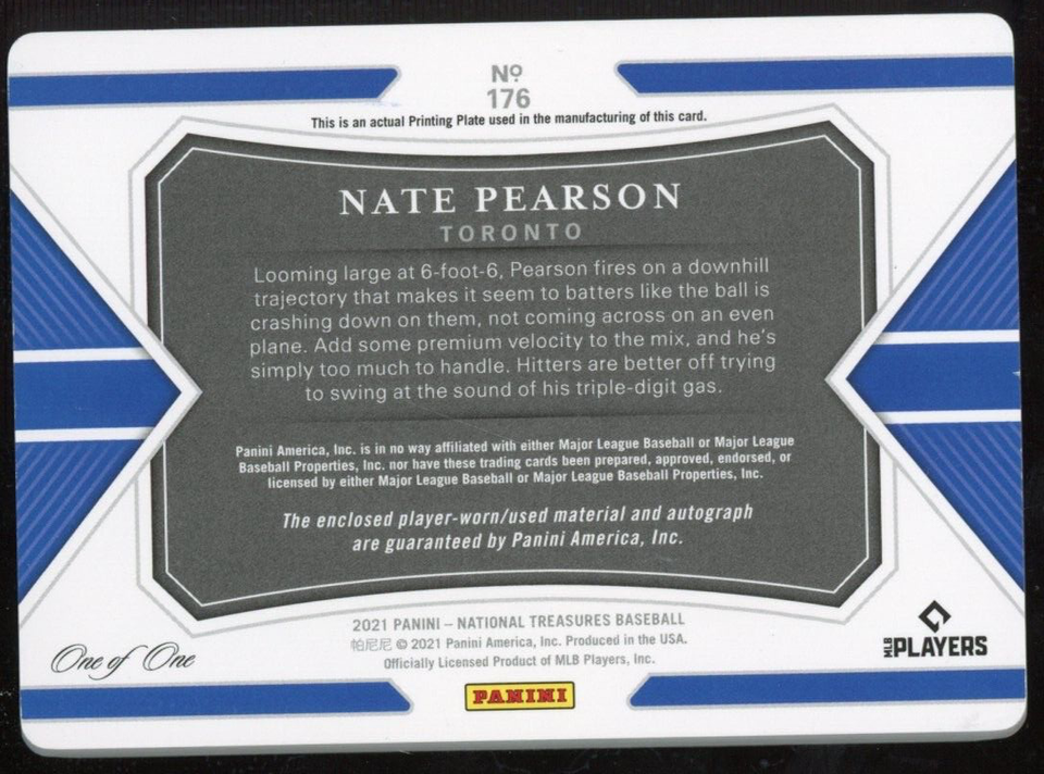 Nate Pearson 2021 National Treasures Auto Patch #d 1/1 Rookie Plate ...