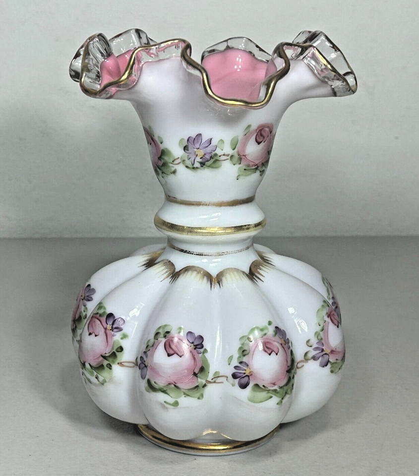 Fenton Charleton Peach Crest Melon Vase Pink Roses Gold Trim Hand ...