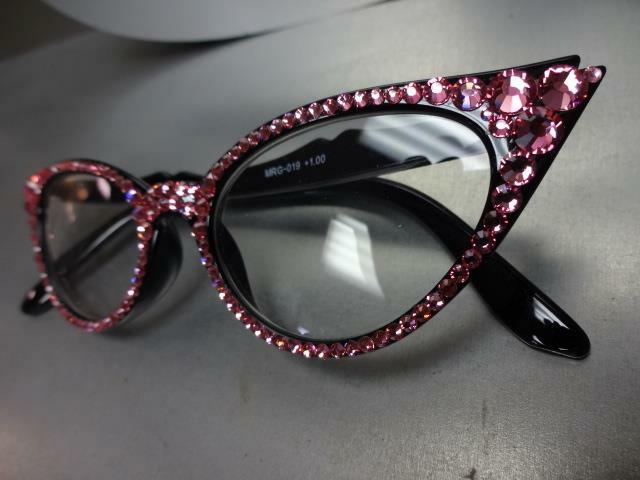 Classy Elegant Retro Cat Eye READING EYE GLASSES READERS Pink Crystals ...