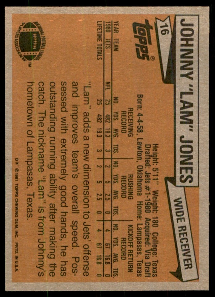 1981 TOPPS LAM JONES. NEW YORK JETS #16 | eBay