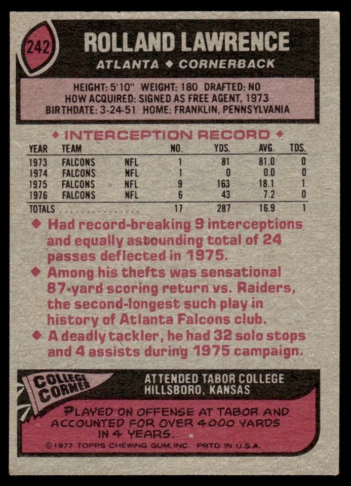1977 Topps Rolland Lawrence Atlanta Falcons #242 | eBay