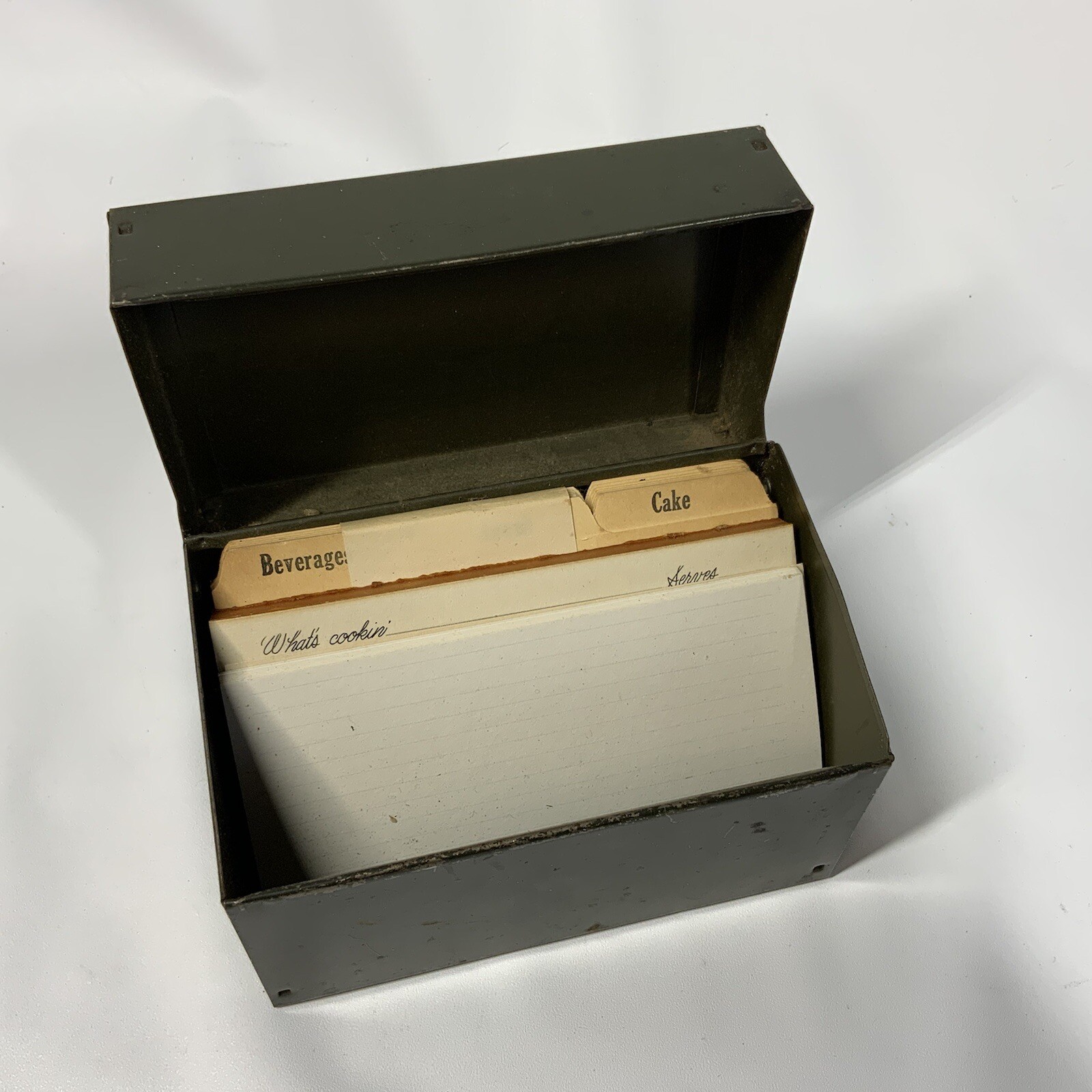 Vintage Green Index Recipe Filing Tin Metal Hinged 3x5 Box with Cards ...