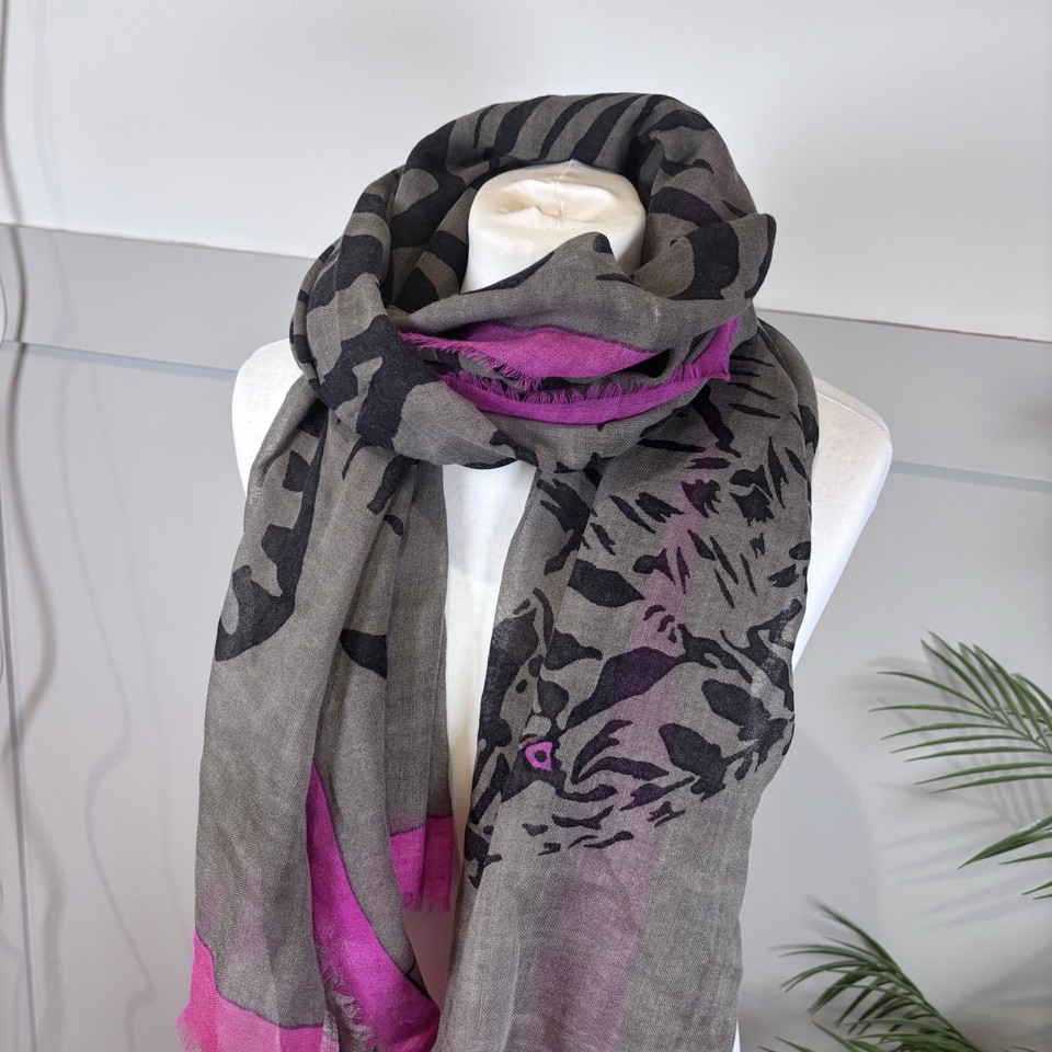 Codello Wool Scarf Wrap Large Grey Pink Tiger Print Lightweight New ...