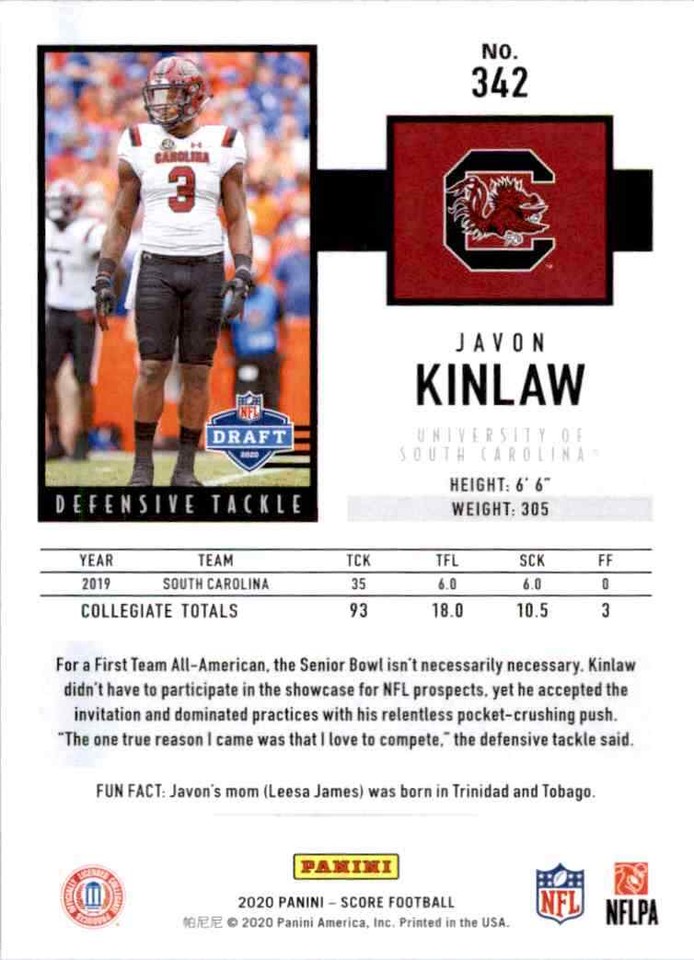 2020 Score #342 Javon Kinlaw South Carolina Gamecocks Football Card | eBay