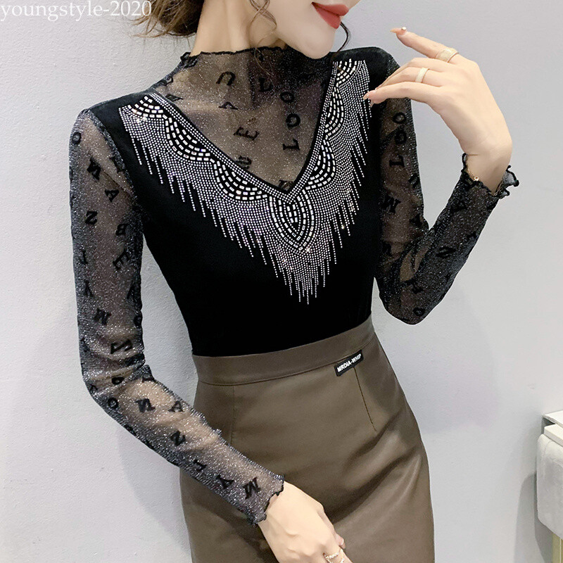 Women Sexy Rhinestone Mesh Sheer Mock Neck Party Club Slim Tops ...