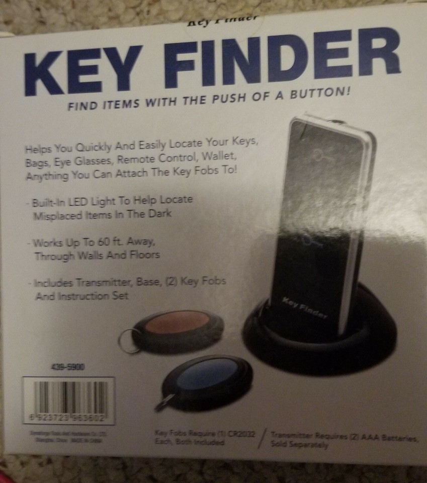 KEY FINDER WITH BUILT IN LED LIGHT & 2 KEY FOBS, TRANSMITTER AND BASE ...