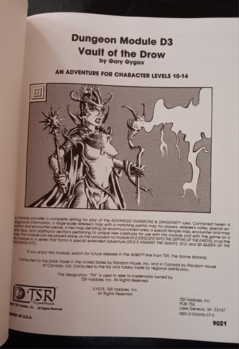 Reprint D3 Vault of the Drow Gary Gygax 1978 TSR Advanced Dungeons ...