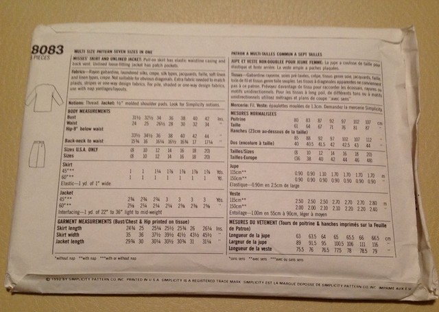 Vtg Simplicity 8083 so Easy Womens 8-20 Very Loose Unlined Jacket Skirt ...