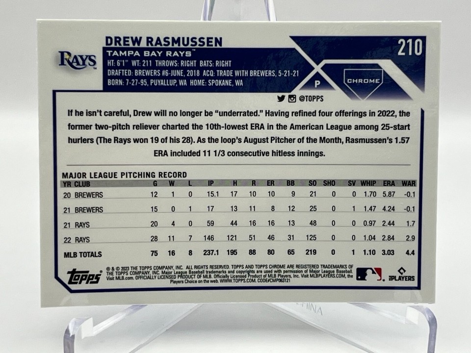 2023 Topps Chrome Baseball Card #210 Drew Rasmussen - Tampa Bay Rays | eBay