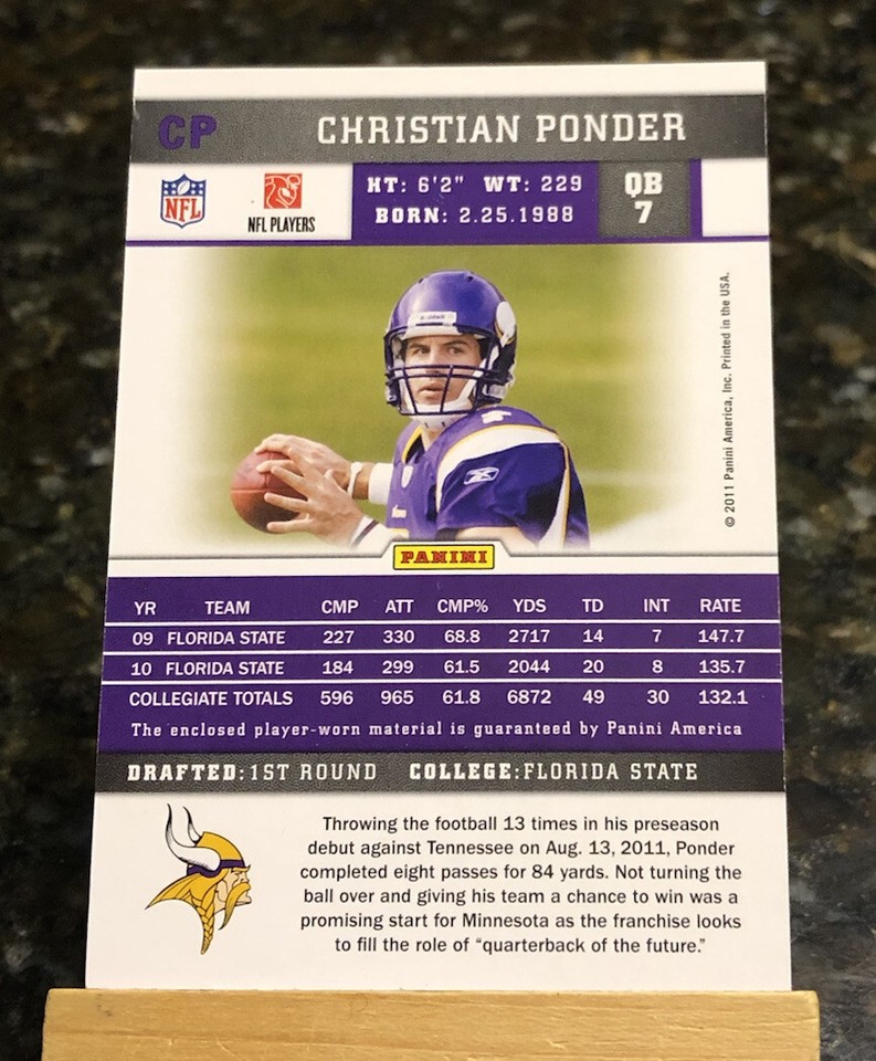 2011 Panini Score Christian Ponder Rookie RC Jersey Relic #CP | eBay