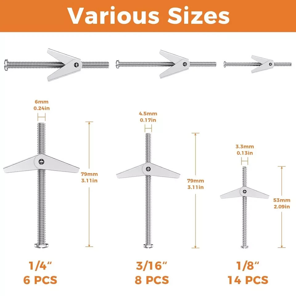 Toggle Bolts, 34 Pcs Wall Anchor, 1/4" 3/16" 1/8" Butterfly Drywall ...