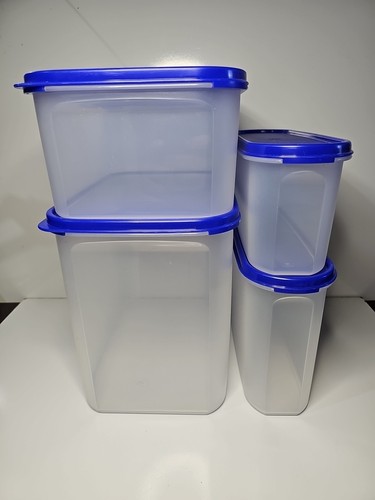 New Tupperware Modular Mates Rectangles-Set of 4 CLEAR WITH BLUE LIDS ...