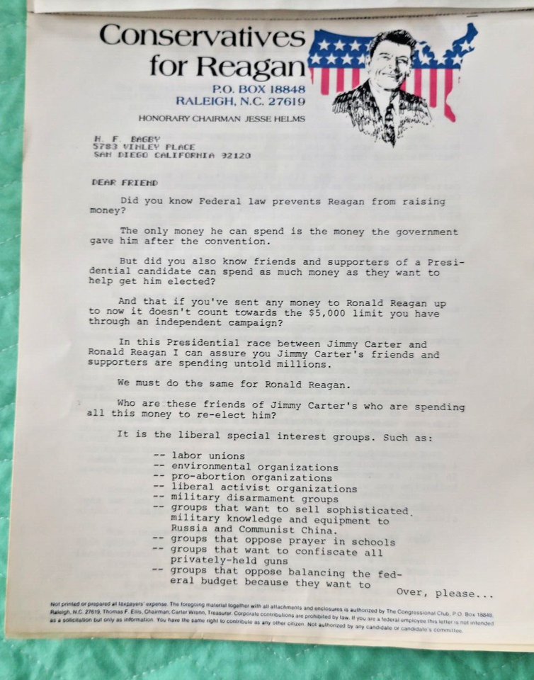 Conservatives for Reagan Fund Raising Pamphlet/Letter from Senator ...