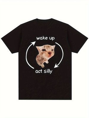 1pc Wake Up Act Silly Meme Cat Graphic T-Shirt for Men, 100% Cotton ...