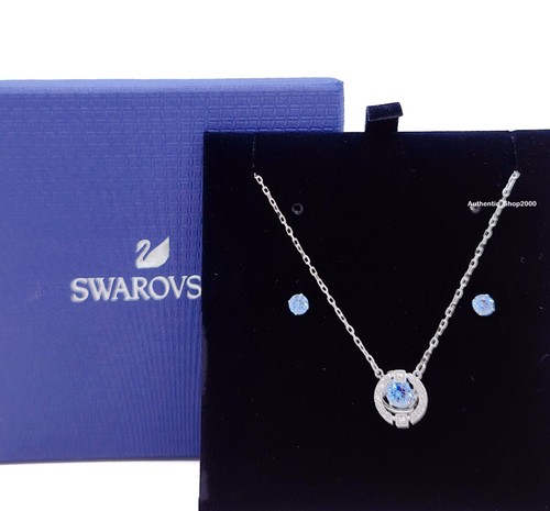New SWAROVSKI Rhodium Sparkling Dance Blue Crystal Set Stud + Necklace ...