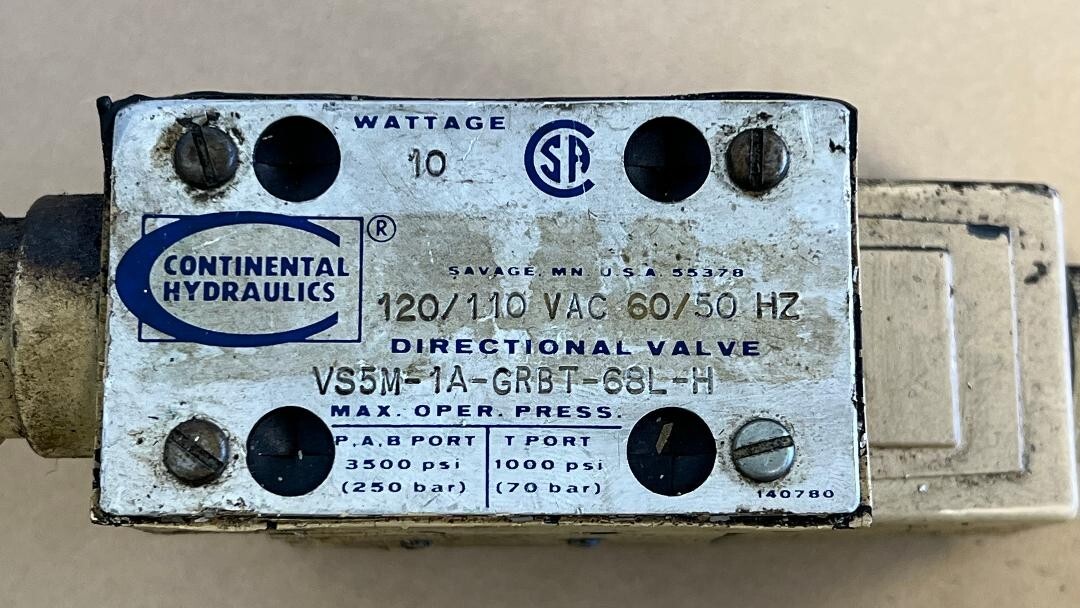 CONTINENTAL HYDRAULICS DIRECTIONAL VALVE VS5M-1A-GRBT-68L-H, 120/110VAC ...