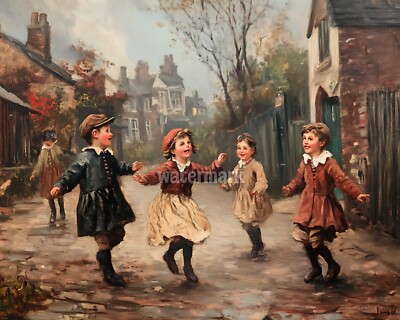Victorian children playing in the street oil Painting 8x10 Print | eBay