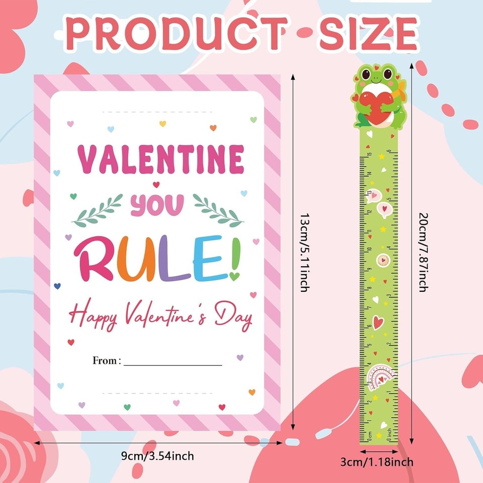48 Pieces Valentines Day Gifts for Kids 24 Rulers and 24 Cards Bulk 12 ...