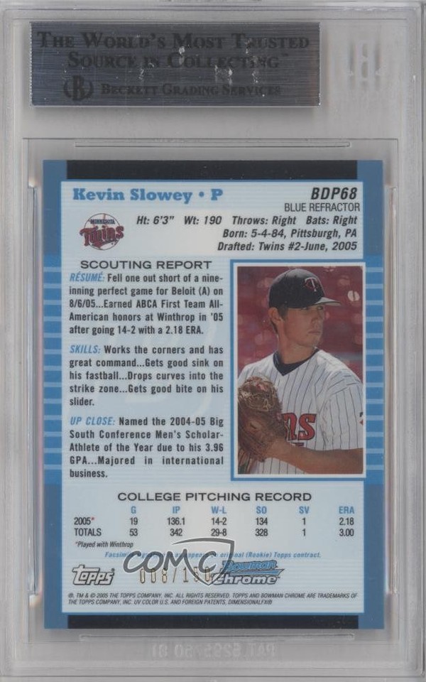 2005 Bowman Draft Chrome Blue Refractor /150 Kevin Slowey #BDP68 BGS 9 ...