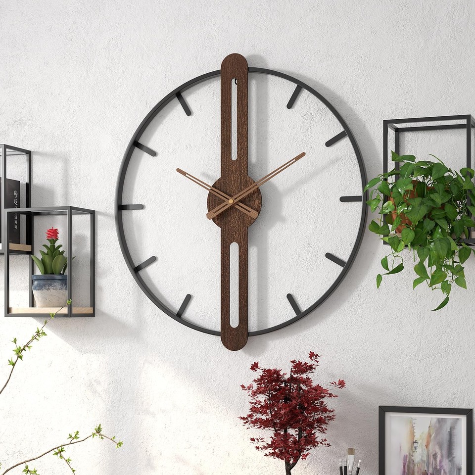 Modern Walnut Dial Wall Clock, Wood Large Wall Clock Decor Metal Frame ...