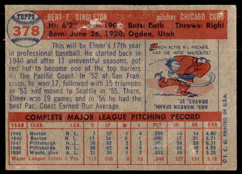 1957 Topps #378 Elmer Singleton | eBay