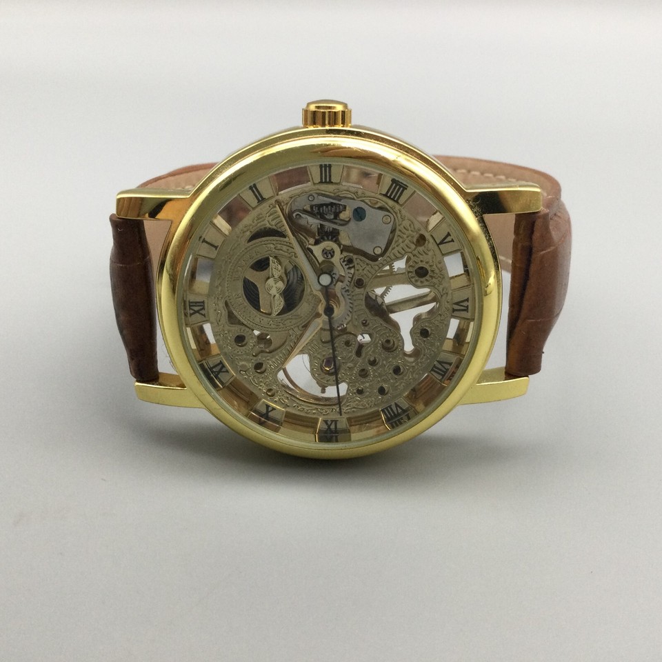 Winner Skeleton Watch Men 40mm Gold Tone Brown Leather Band Manual Wind ...