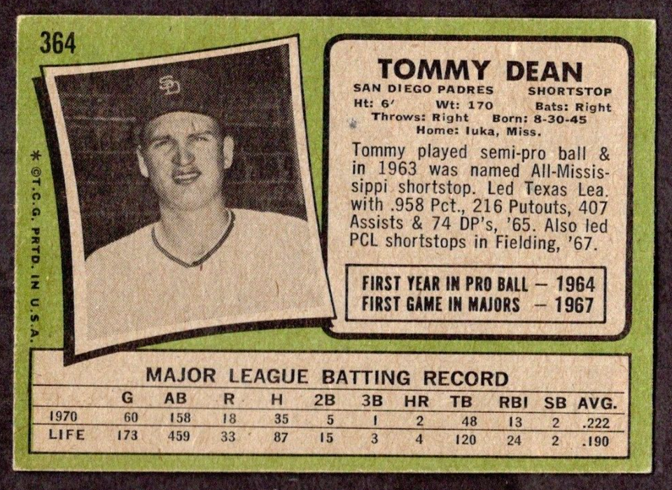 1971 Topps #364 Tommy Dean VG/EX 4-5 Light surface bumps | eBay