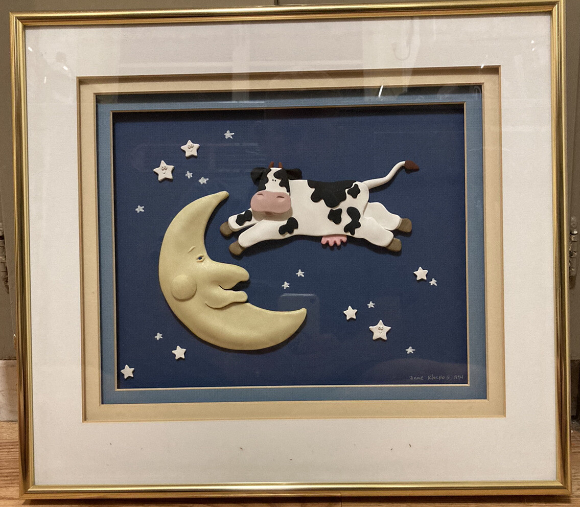 SUPER RARE Anne Klocko Cow Jumped Over The Moon Clay Art Framed Matted ...