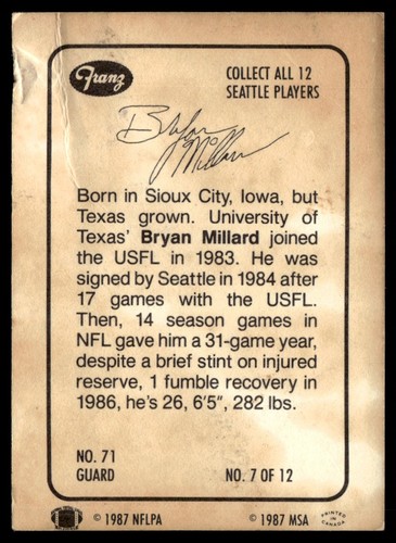 1987 Franz Bread Bryan Millard Seattle Seahawks #7 | eBay