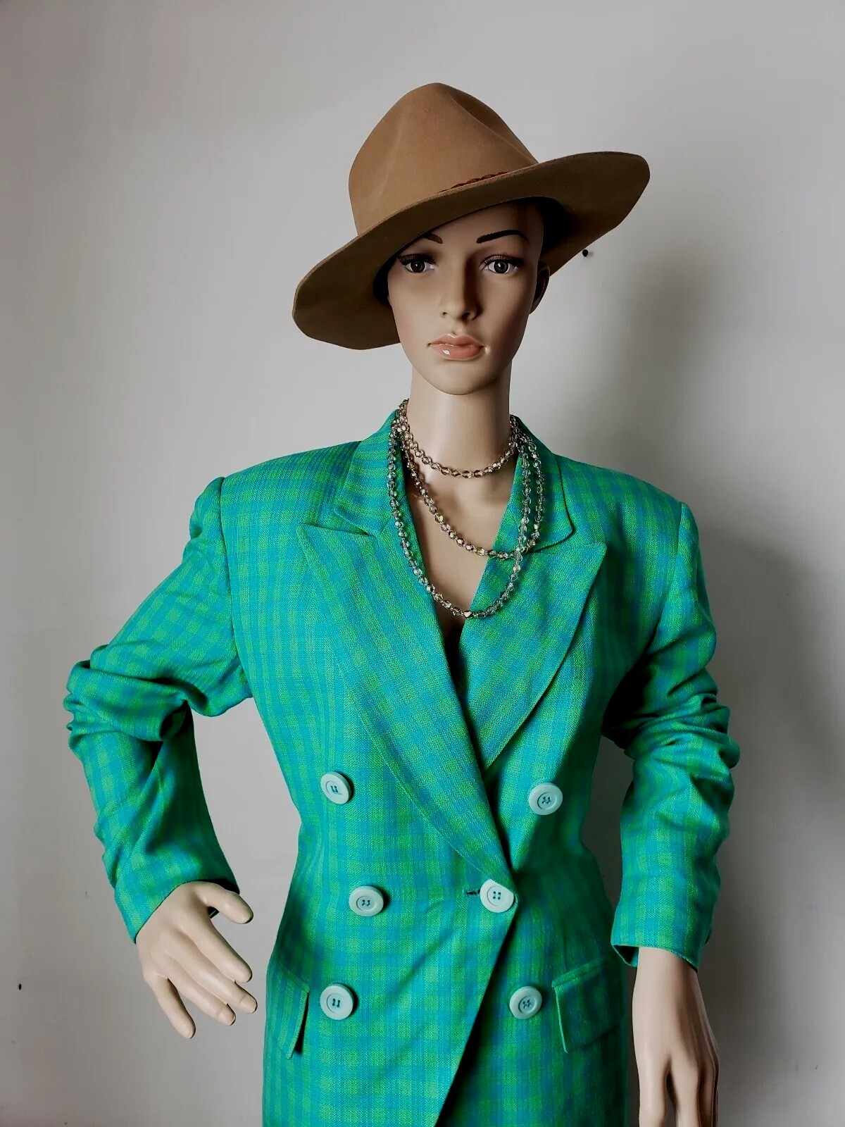 ChristIan Dior Suit Blue Green Gingham Pencil Skirt … - Gem