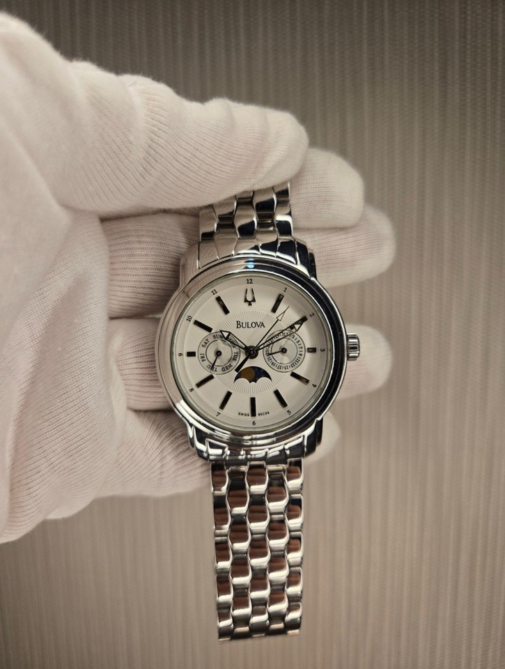 Bulova Watch Lunar Phase Day Date Silver Silver White | eBay