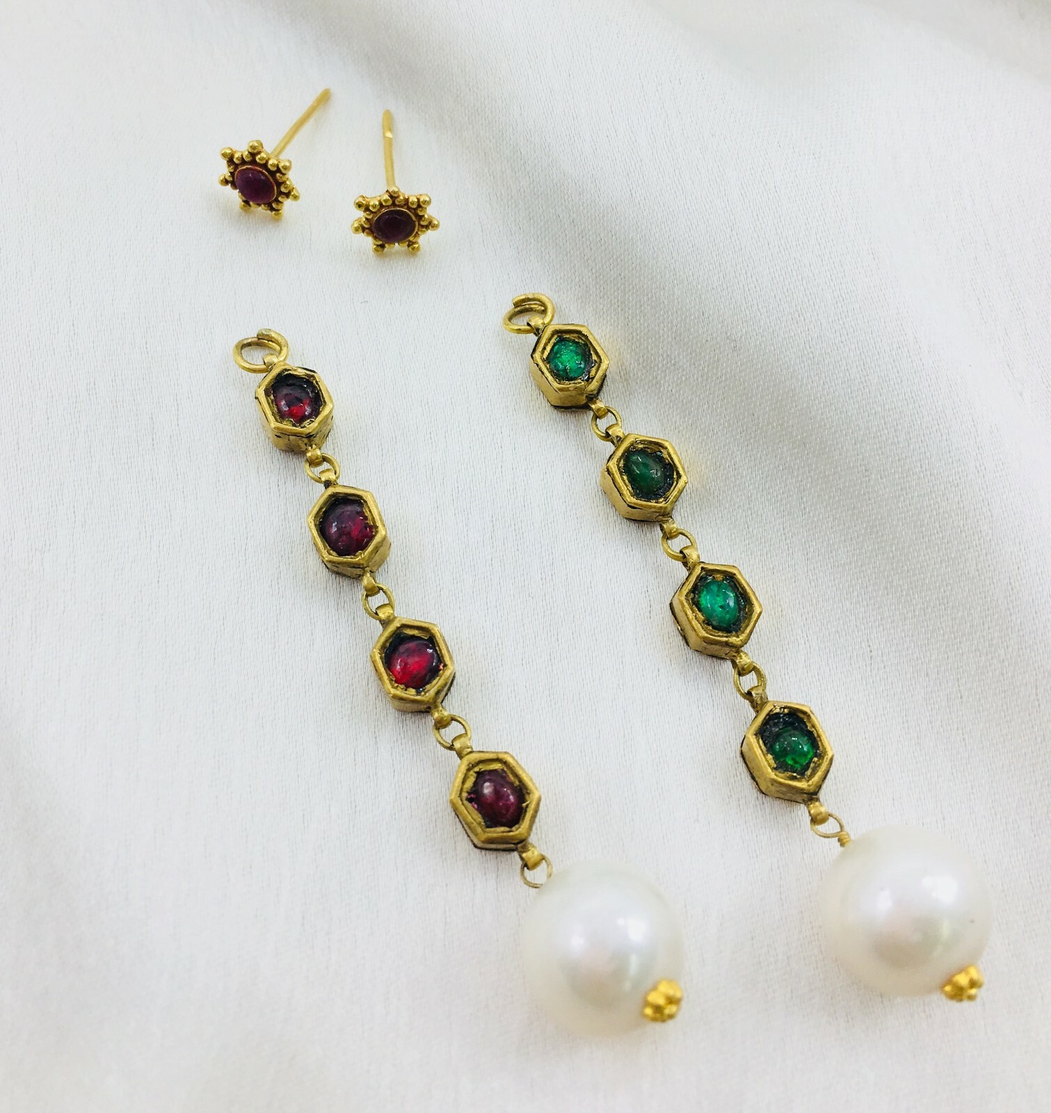 22k Gold Reversible Earrings with Red and Green Stone Pearl Drop Long ...