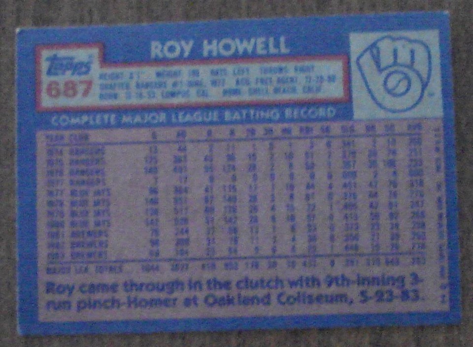 Roy Howell, Brewers 1984 #687 Topps VG COND - GREAT COLLECTIBLE CARD | eBay