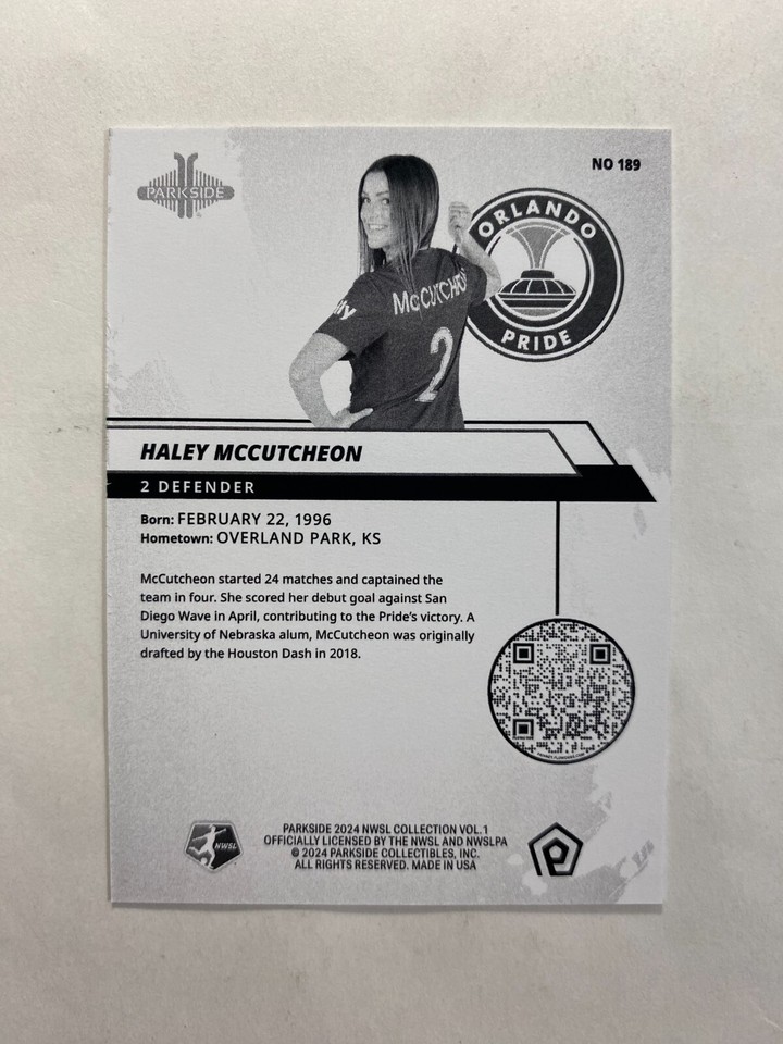 Haley McCutcheon 2024 Orlando Pride #189 Parkside Vol. 1 NWSL Card B&W ...