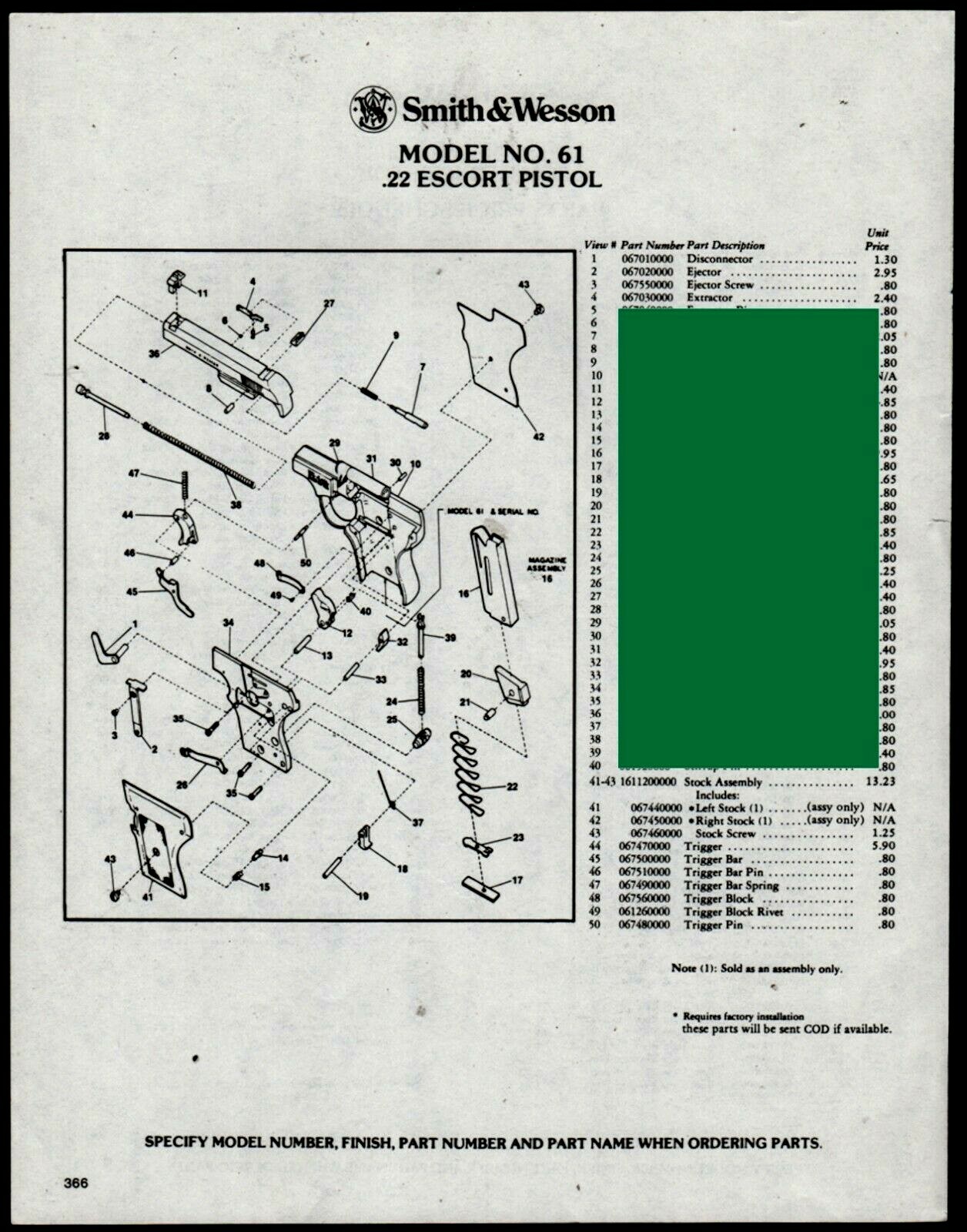 1983 SMITH & WESSON 61 .22 Escort PISTOL Schematic Exploded View Parts ...