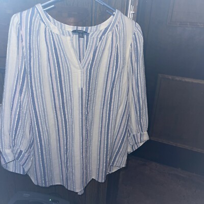CHAPS-WHITE/BLUE-STRIPED-BALLOON SLEEVESPLIT-NECK- TOP-SIZE MEDIUM | eBay