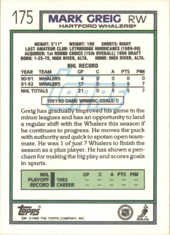 1992-93 Topps NHL Mark Greig #175 | eBay