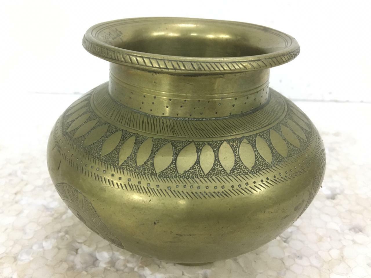 VINTAGE OLD HAND CARVED UNIQUE ENGRAVED FLOWER HOLY RARE BRASS POT ...