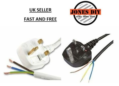 NEW MAINS POWER UK 3 PIN FUSED PLUG WITH FLEX CABLE LENGTHS BLACK WHITE ...