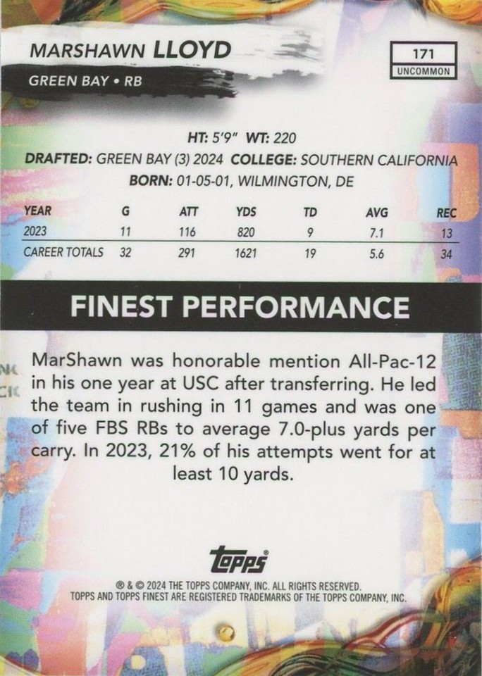 Marshawn Lloyd 2024 Topps Finest Purple Rookie RC #160/200 #171 | eBay