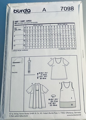 Burda 7098 Misses Flowy T-Shirt w/Sleeve Variations & Jacket Plus SZ 18 ...