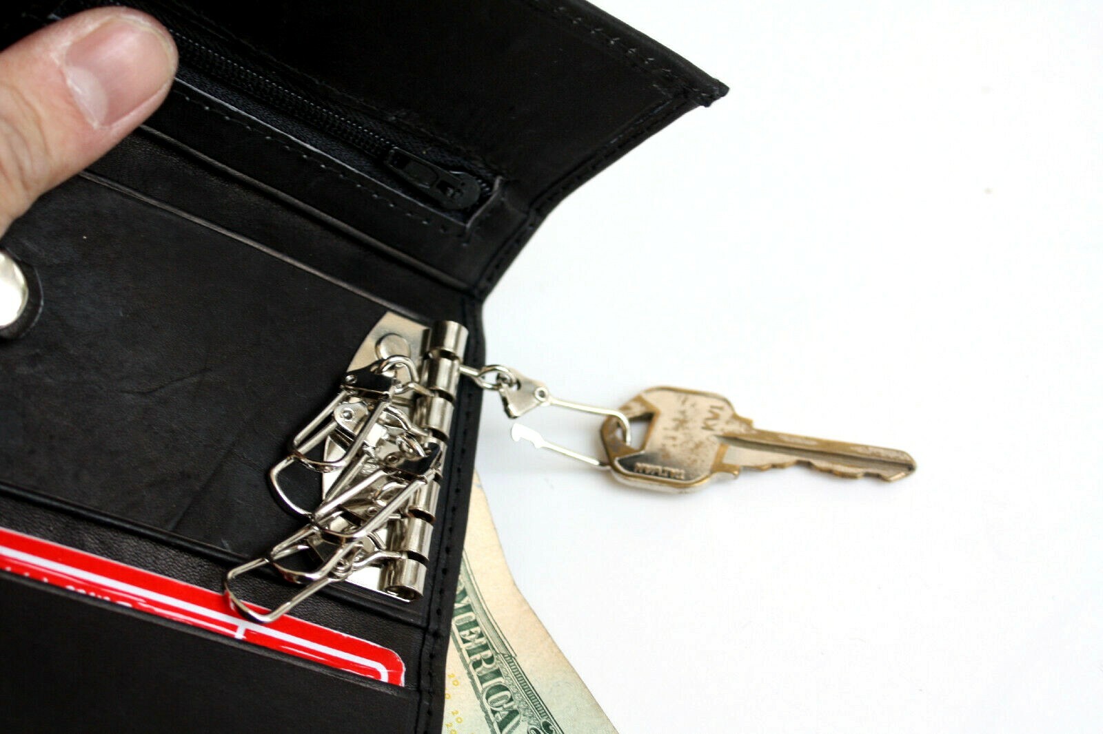 Men's Genuine Trifold Leather Key Holder Zip Pocket Bill Insert 6+1 ...