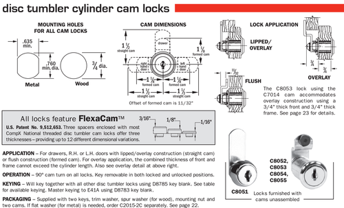 CompX C8053-C390A-3, Disc Tumbler Cylinder Cam Lock with FlexaCam ...