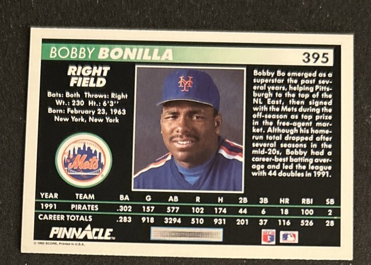 1992 Pinnacle Bobby Bonilla Baseball Card #395 Mets OF VG O/C | eBay