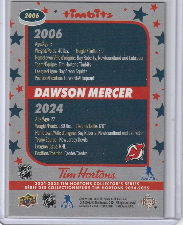 2024-25 Tim Hortons Timbits to NHL #2006 Dawson Mercer | eBay