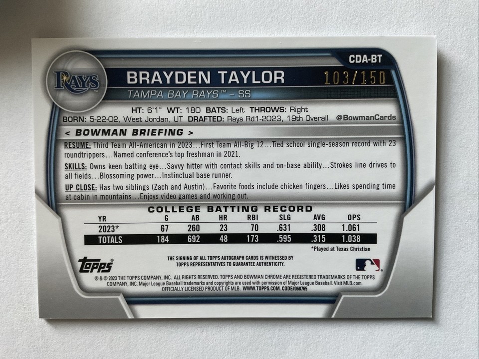 2023 Bowman Chrome Blue Refractor Auto BRADEN TAYLOR 1st RC, RAYS #CDA ...