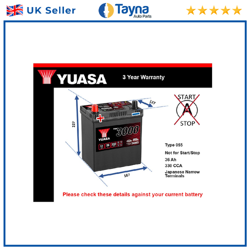 Battery fits RELIANT FOX ROBIN RIALTO 73 to 02 Yuasa 055 330A 36Ah 3Yr ...