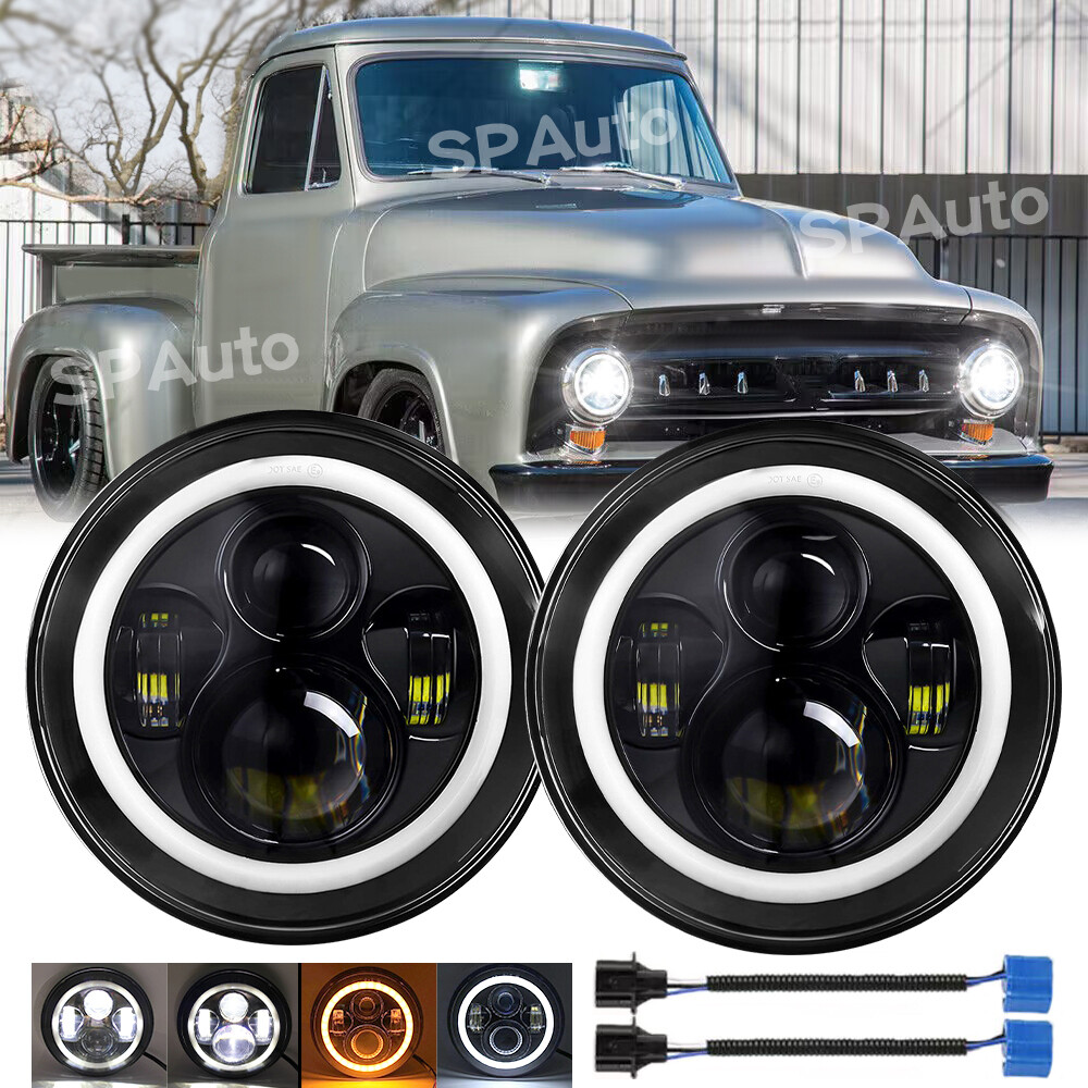 2x 7Inch Round LED Headlights Halo DRL For 53-1977 Ford F-100 F-250 F ...