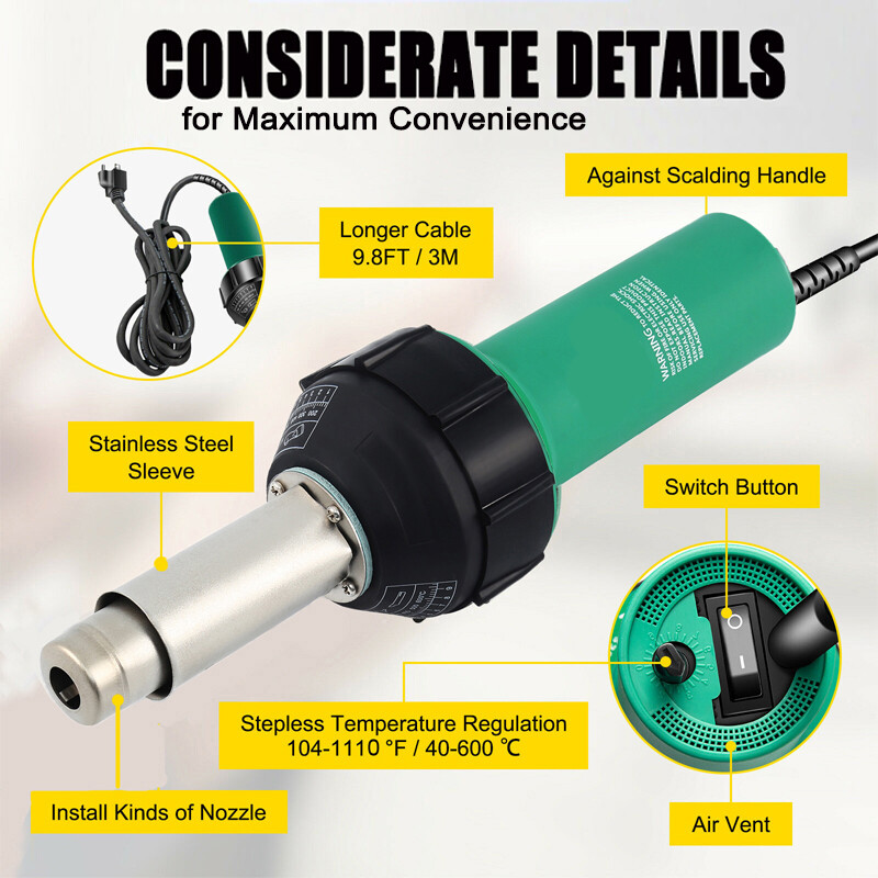 1500W/1600W Hot Air Torch Plastic Welder Heat Welding Gun Kit + 4 ...