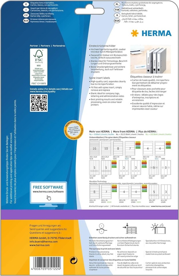HERMA Printable Lever Arch File Inserts, 9 Inserts Per A4 Sheet, 225 ...